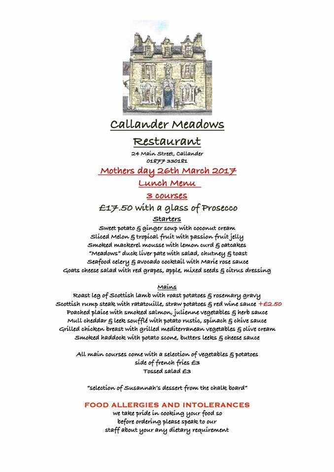Menu at Callander Meadows restaurant, Callander