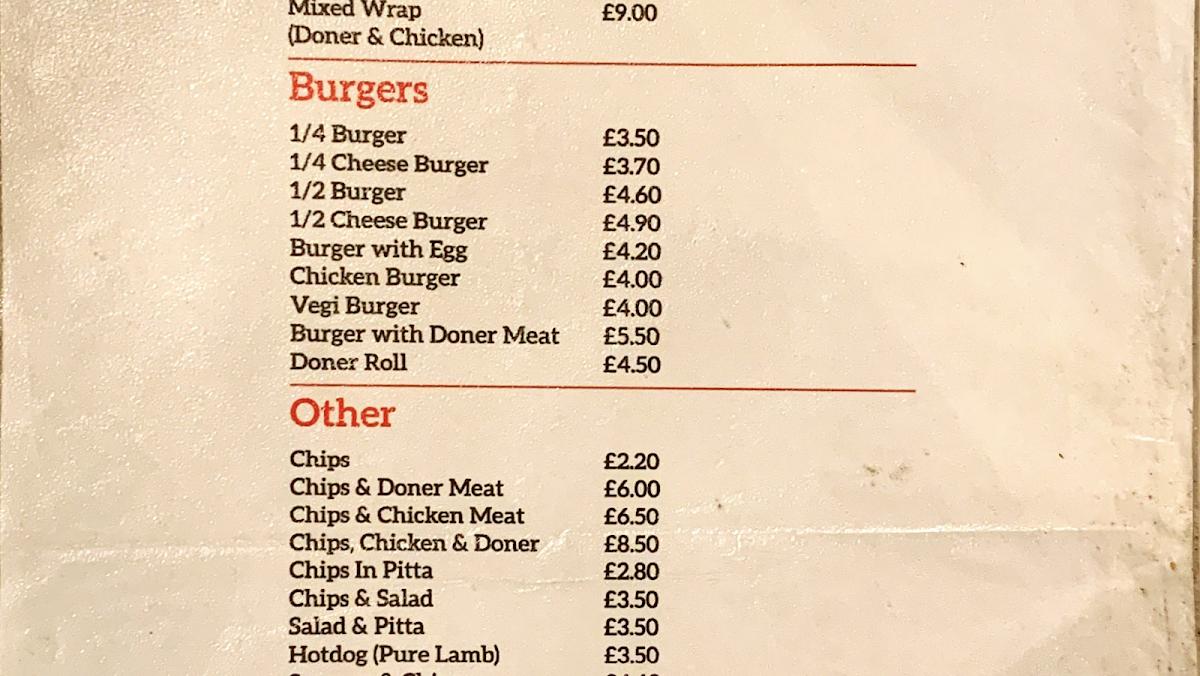 Menu at Kebab van restaurant, Cranfield