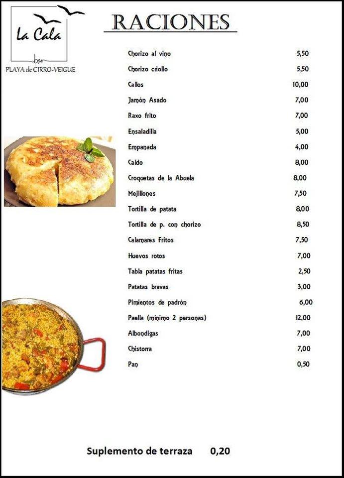 Carta del restaurante La Cala Veigue, Carnoedo