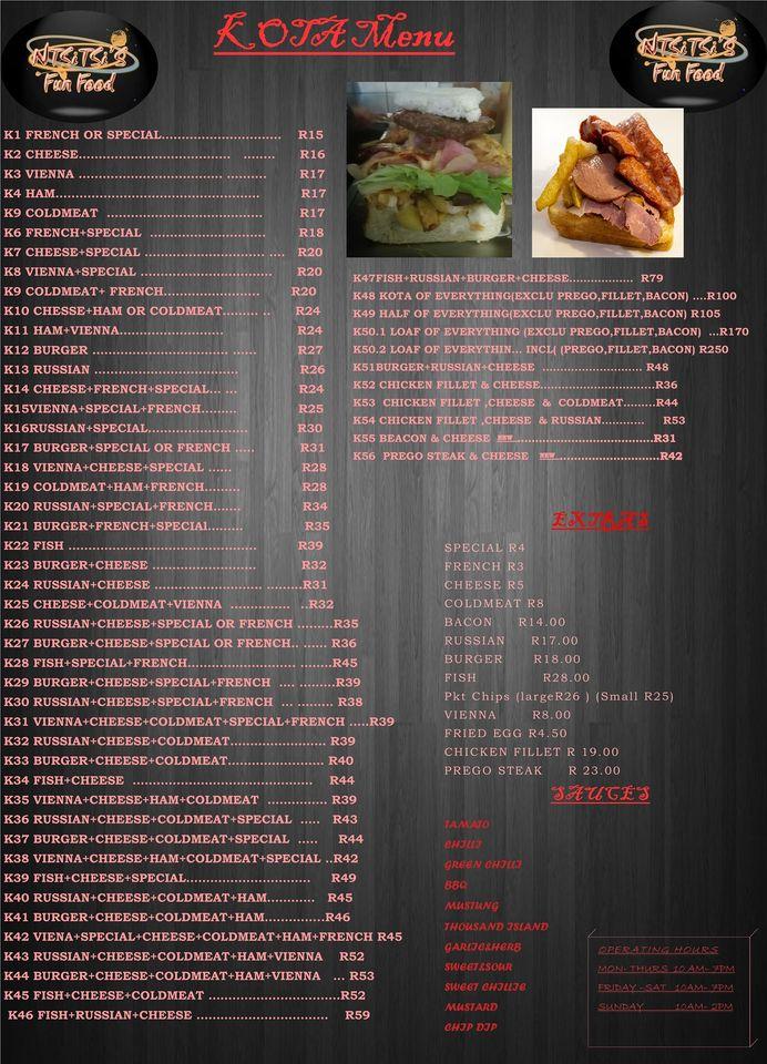 Menu at Ntsitsi's Fun Food restaurant, Diepkloof