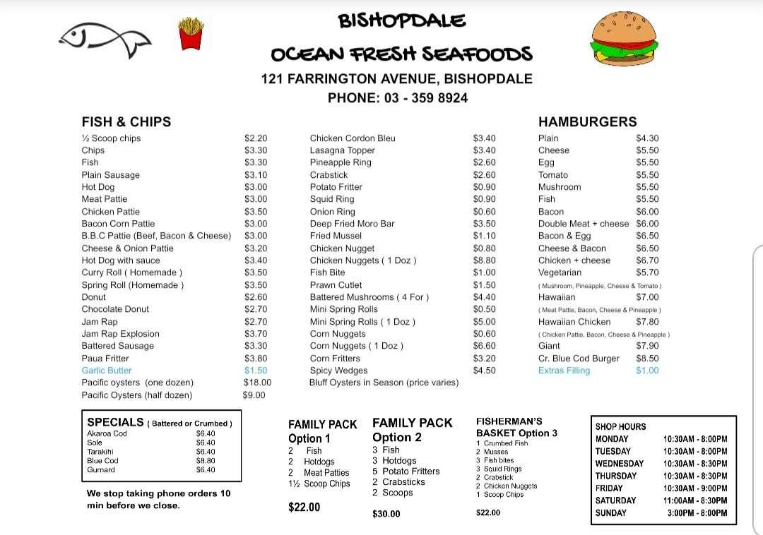 Menu at Ocean Fresh Seafoods restaurant, Christchurch