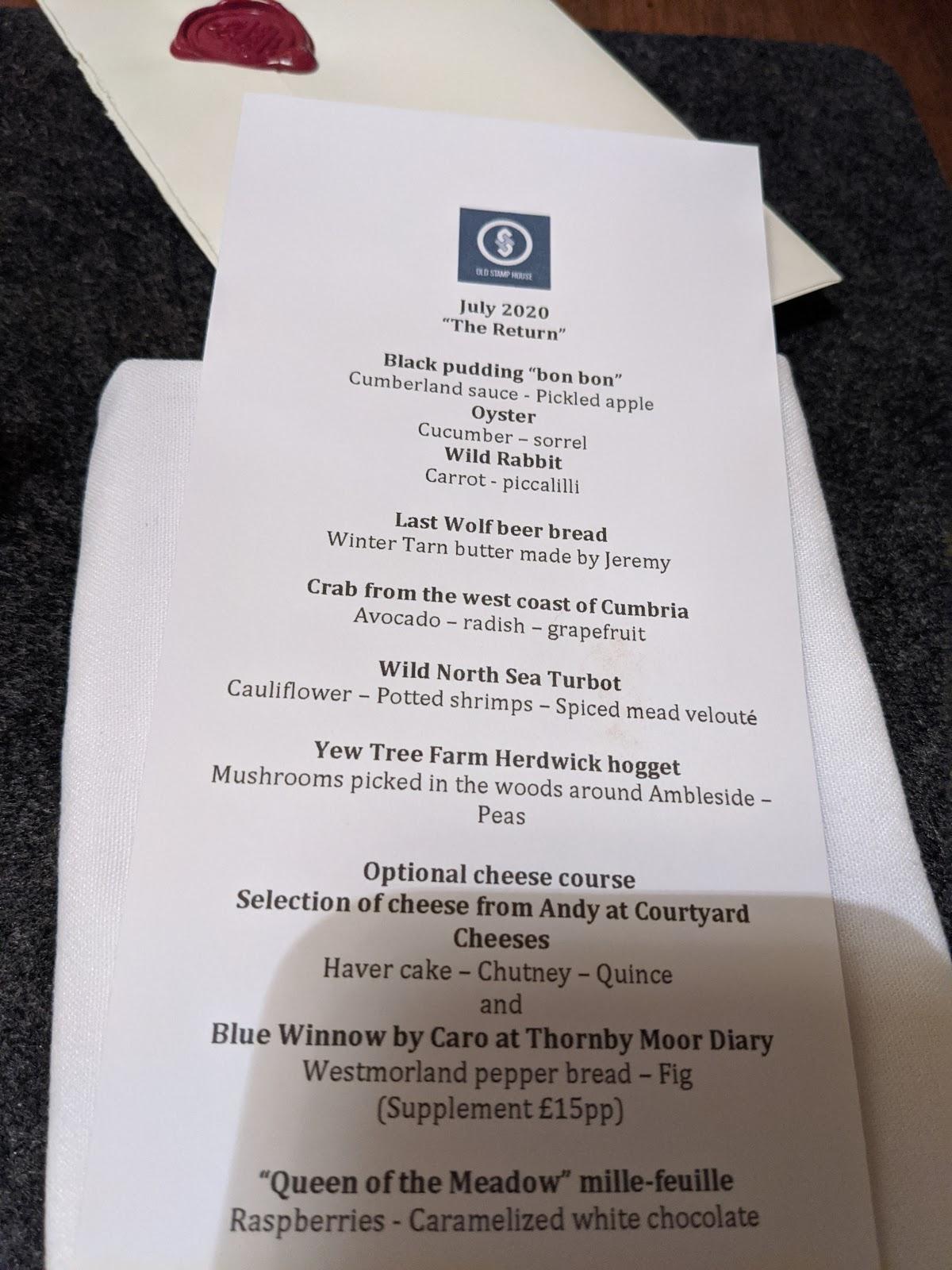Menu at The Old Stamp House Restaurant, Ambleside