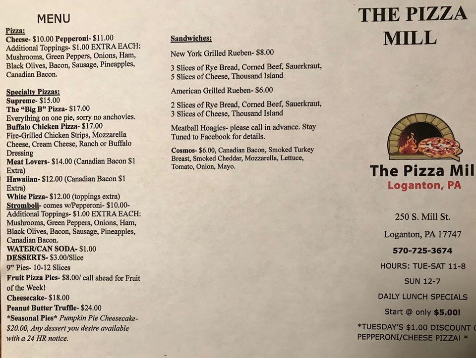 Menu at The Pizza Mill on Mill Street pizzeria, Loganton