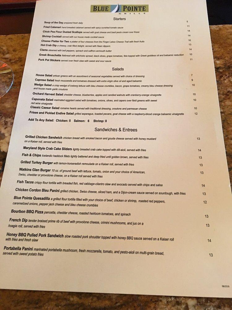 Menu at Blue Pointe Grille restaurant, Watkins Glen