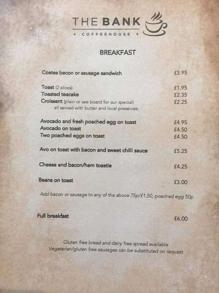 Menu at The Bank Coffee House, Barton-under-Needwood