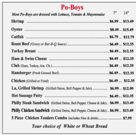 Menu at Adams restaurant, Baton Rouge