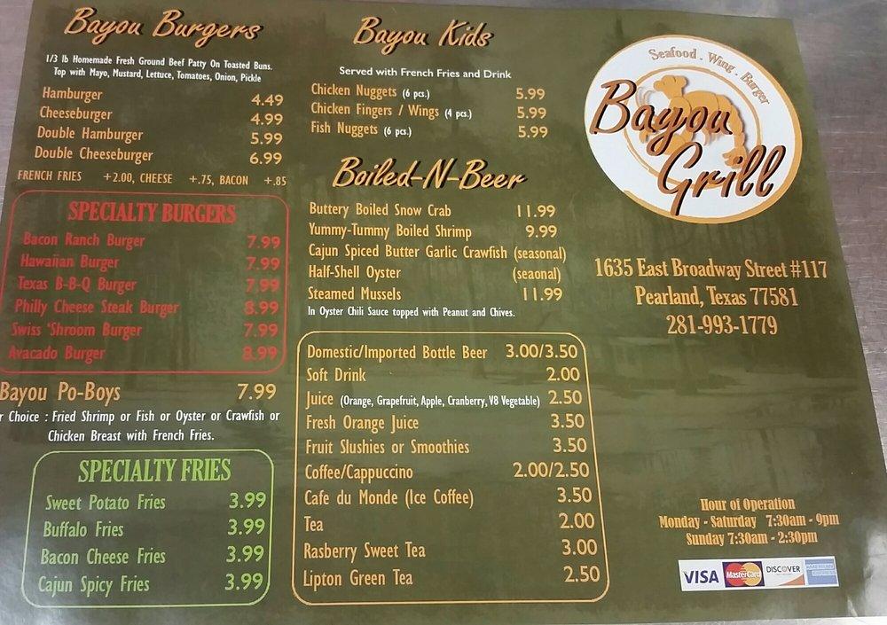Menu at Bayou Grill restaurant, Pearland