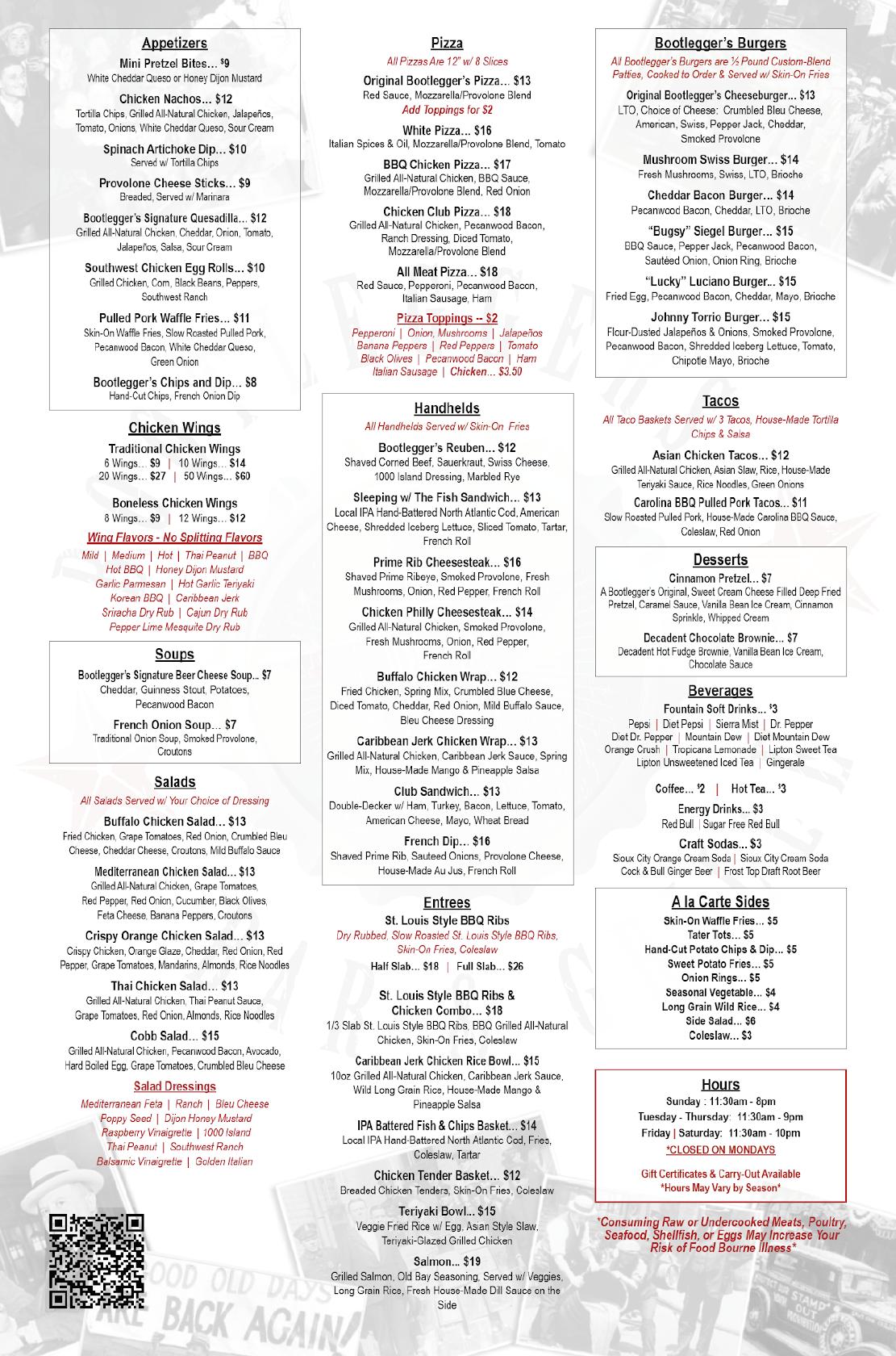 Menu at Bootleggers Grille pub & bar, Columbia Station