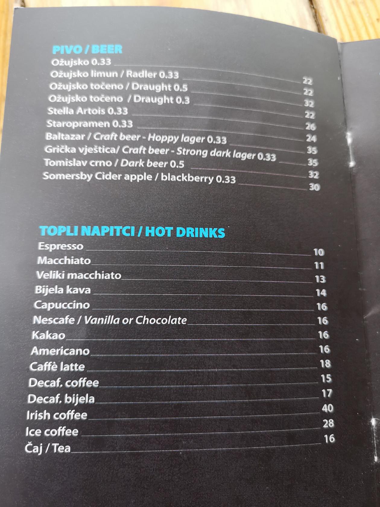 Menu at Caffe Bar Gusar, Mlini