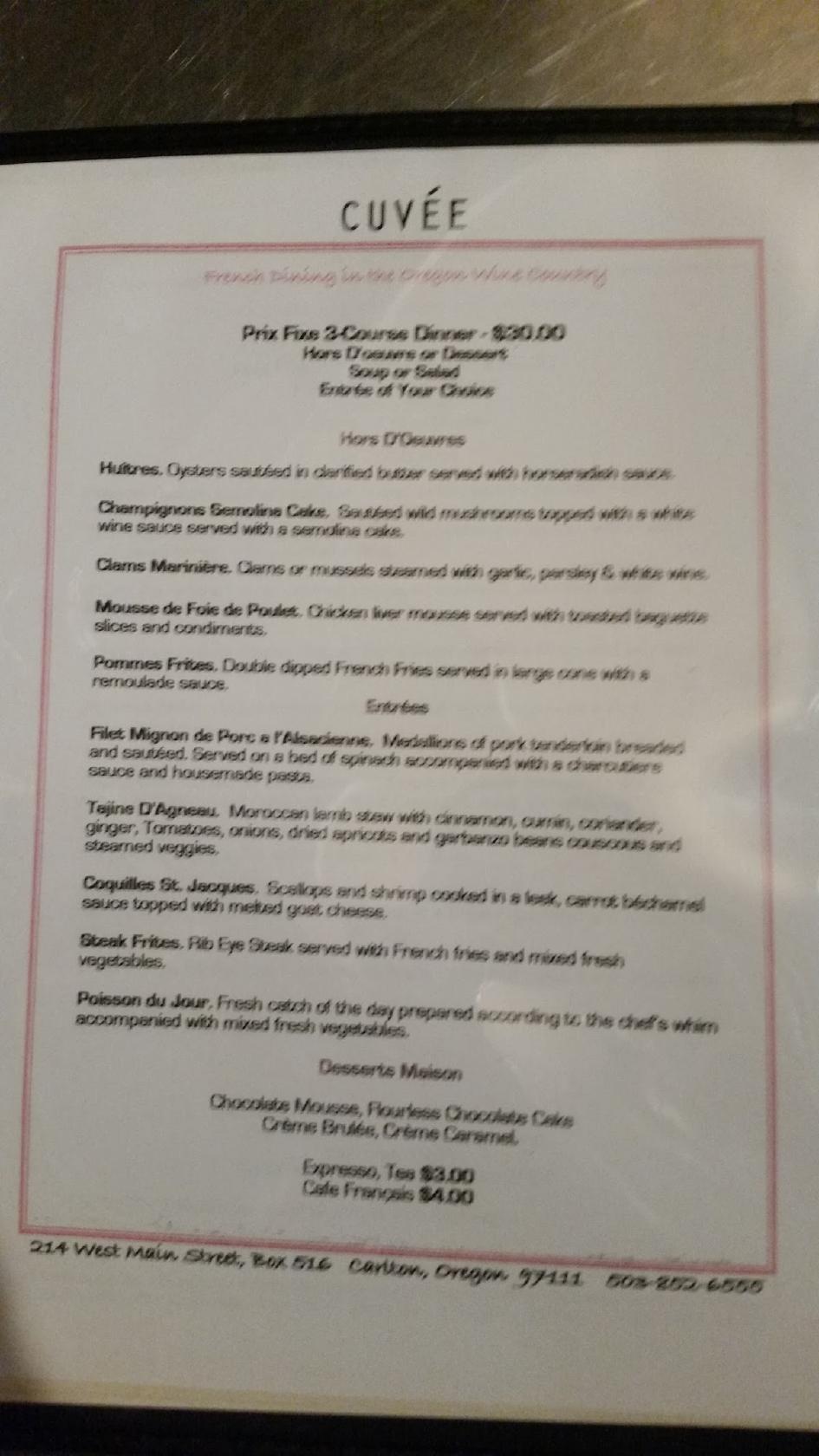 Menu at Cuvee Restaurant, Carlton