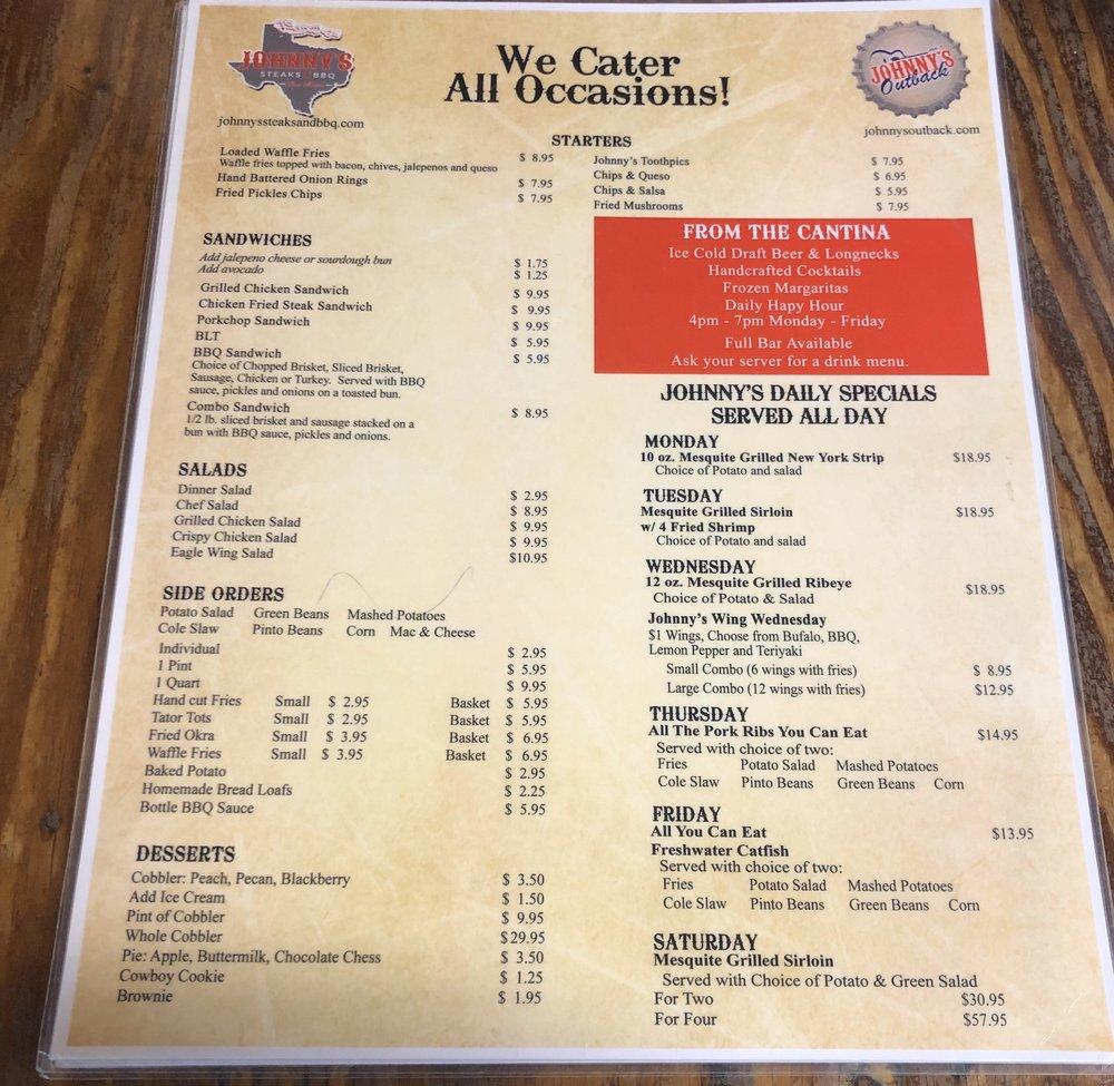 Menu at Johnny's Steaks & Bar-Be-Que, Salado