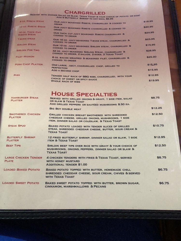 Menu at Justin's Place steakhouse, Thomaston