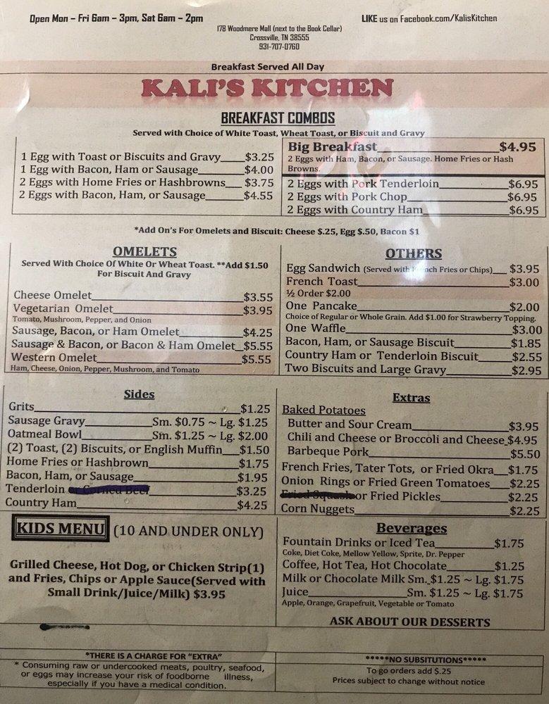 Menu at Kali's Kitchen restaurant, Crossville, 178 Woodmere Mall