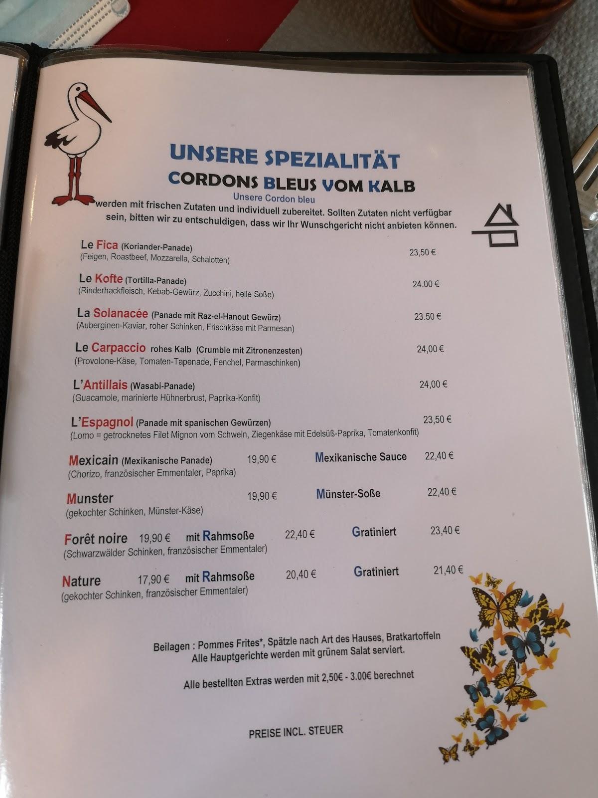 Menu au Les Cordons Bleus restaurant, Lobsann