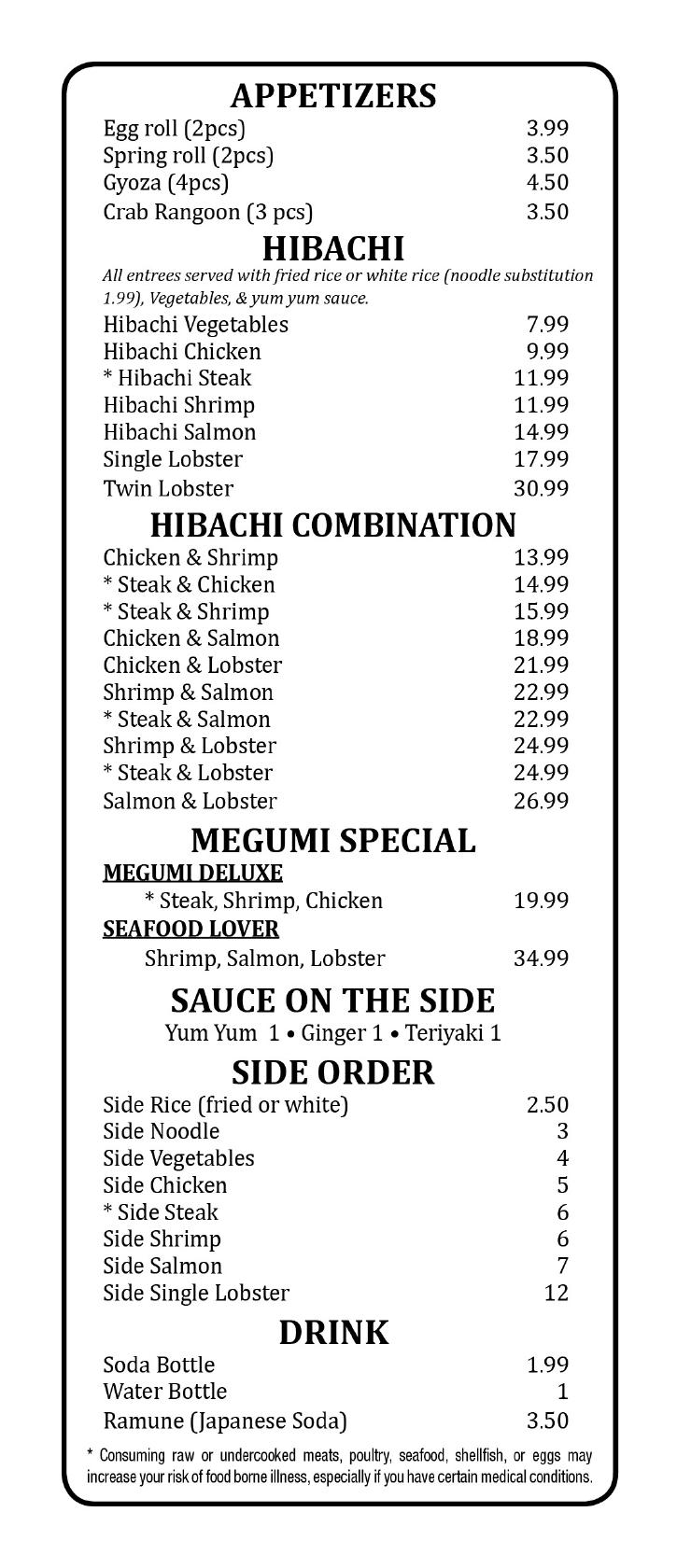 Menu at MEGUMI SUSHI BAR, RAMEN AND GRILL, Troy, 12 S Dorset Rd