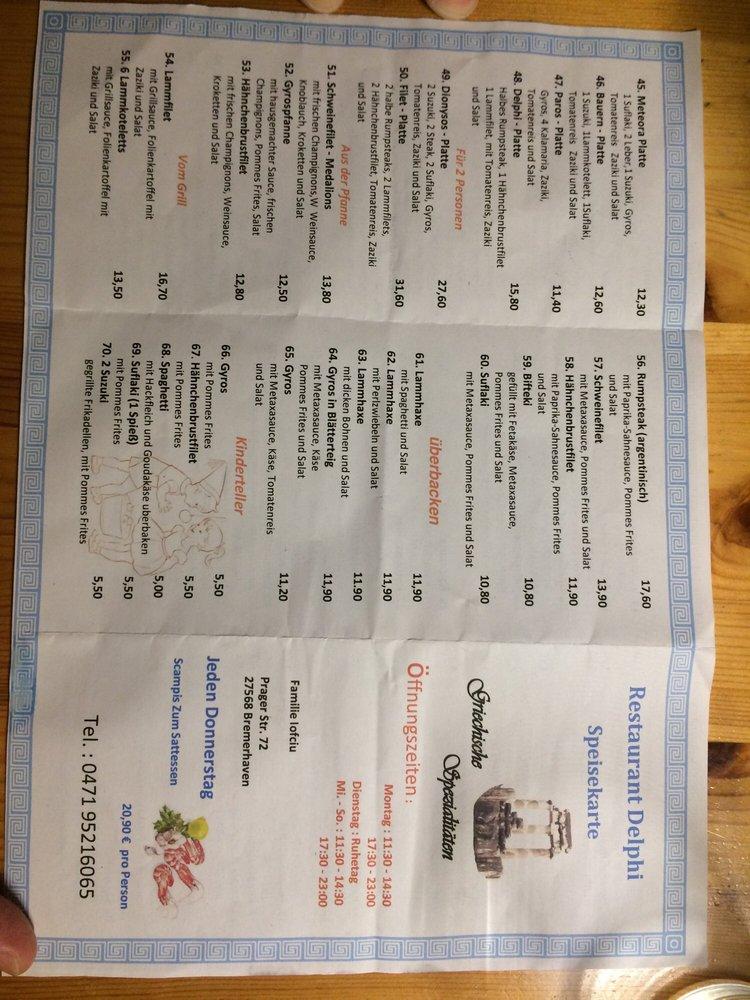 Speisekarte von Restaurant Delphi, Bremerhaven