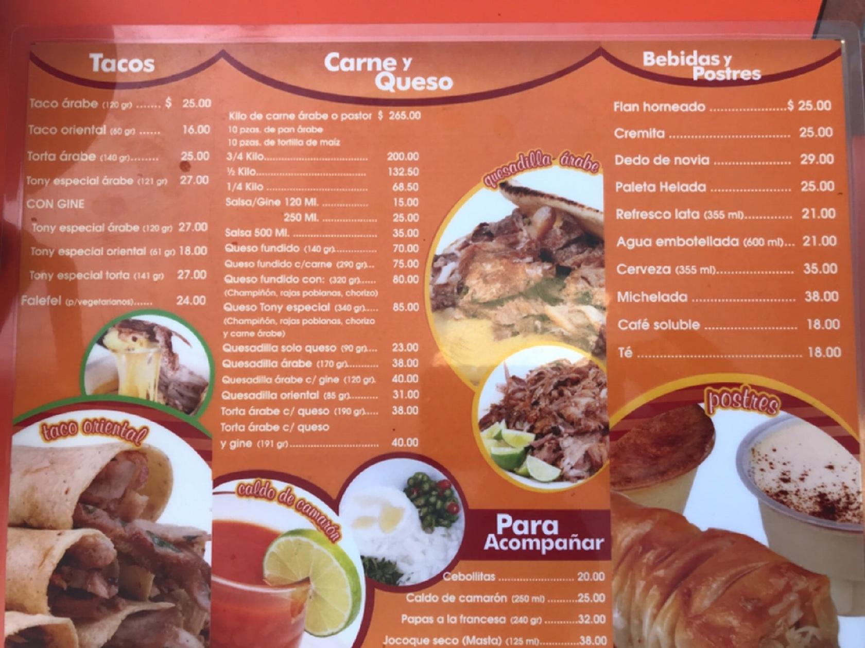 Menu at Tacos Tony restaurant, Tlaxcala
