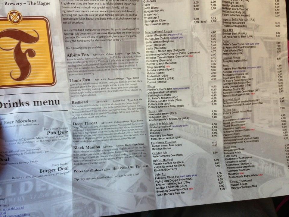 Menu at The Fiddler, The Hague