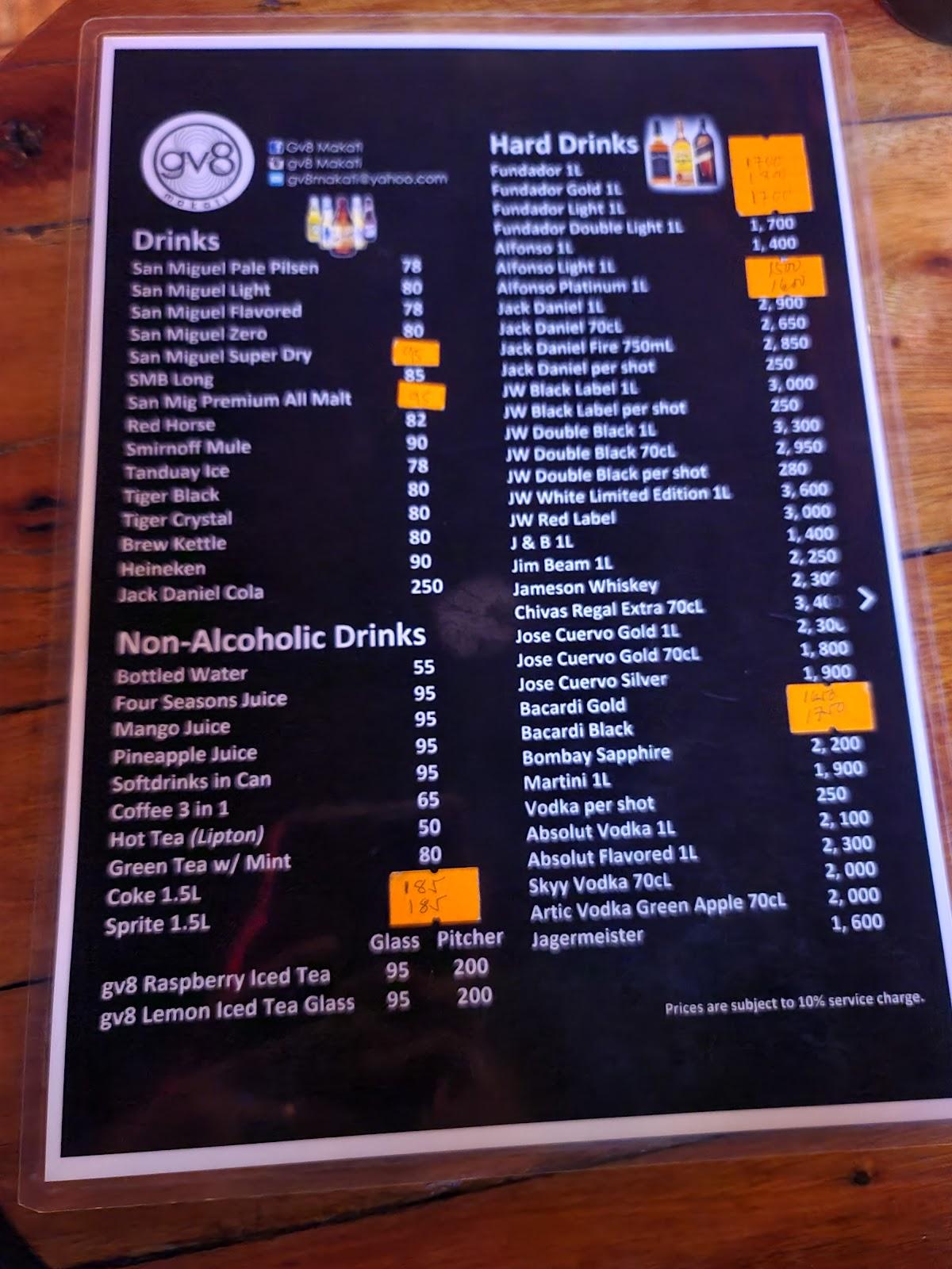 Menu at gv8 Makati pub & bar, Makati