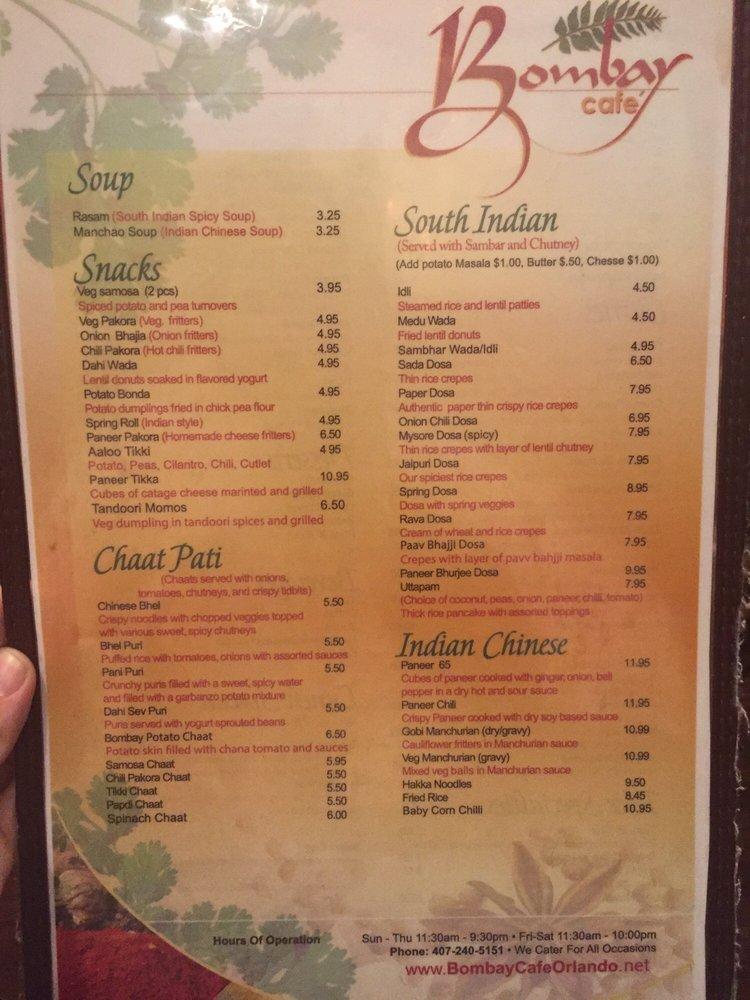 Menu at Bombay Caf restaurant, Orlando