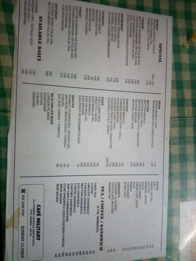 Menu at Cafe Military, Mumbai