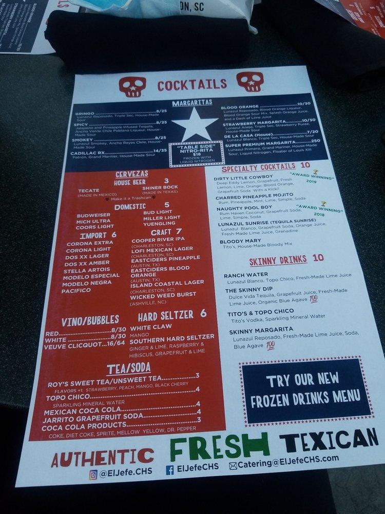 Carta del restaurante El Jefe Texican Cantina, Charleston
