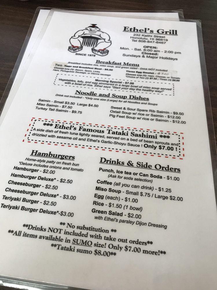 Menu at Ethel's Grill restaurant, Honolulu