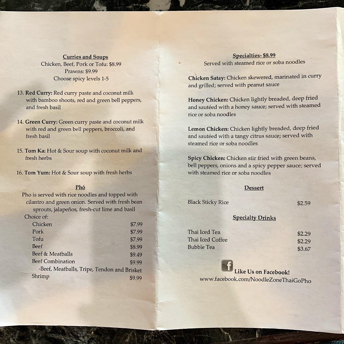 Menu at Noodle Zone/ Thai Go-Pho' restaurant, Pasco