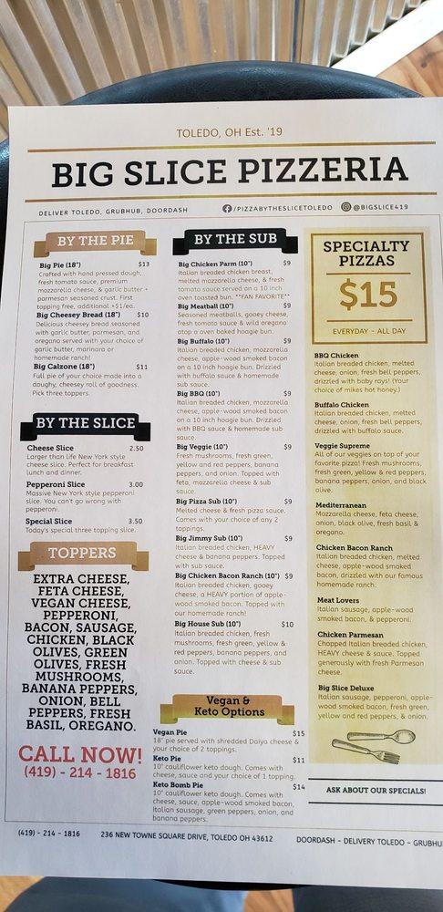 Menu at Big Slice Pizzeria, Toledo