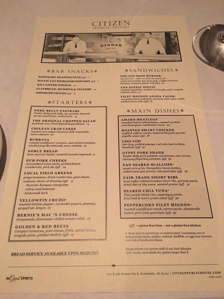 Menu at Citizen Public House, Scottsdale
