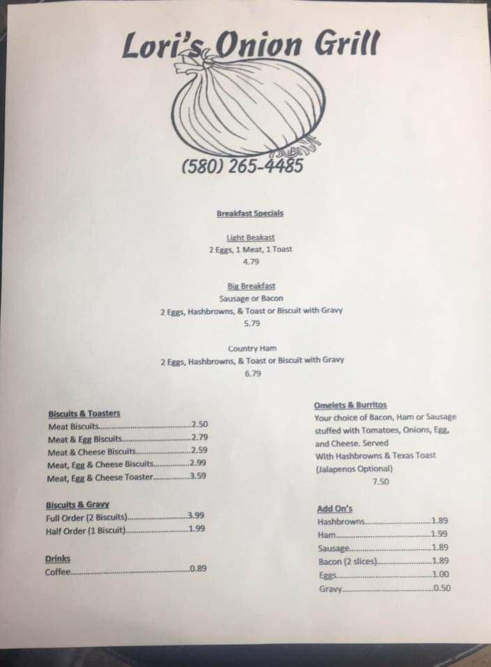 Menu at Lori's Onion Grill restaurant, Stonewall