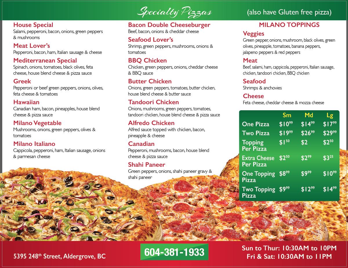 Menu at Milano Express Pizza restaurant, Abbotsford