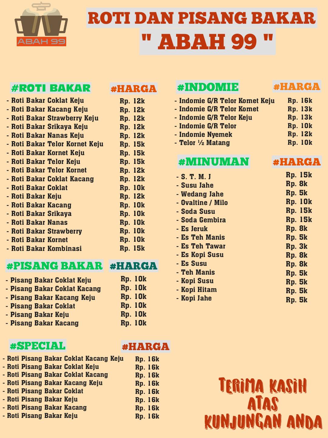 Menu at Roti Dan Pisang Bakar ABAH 99 restaurant, Sumber