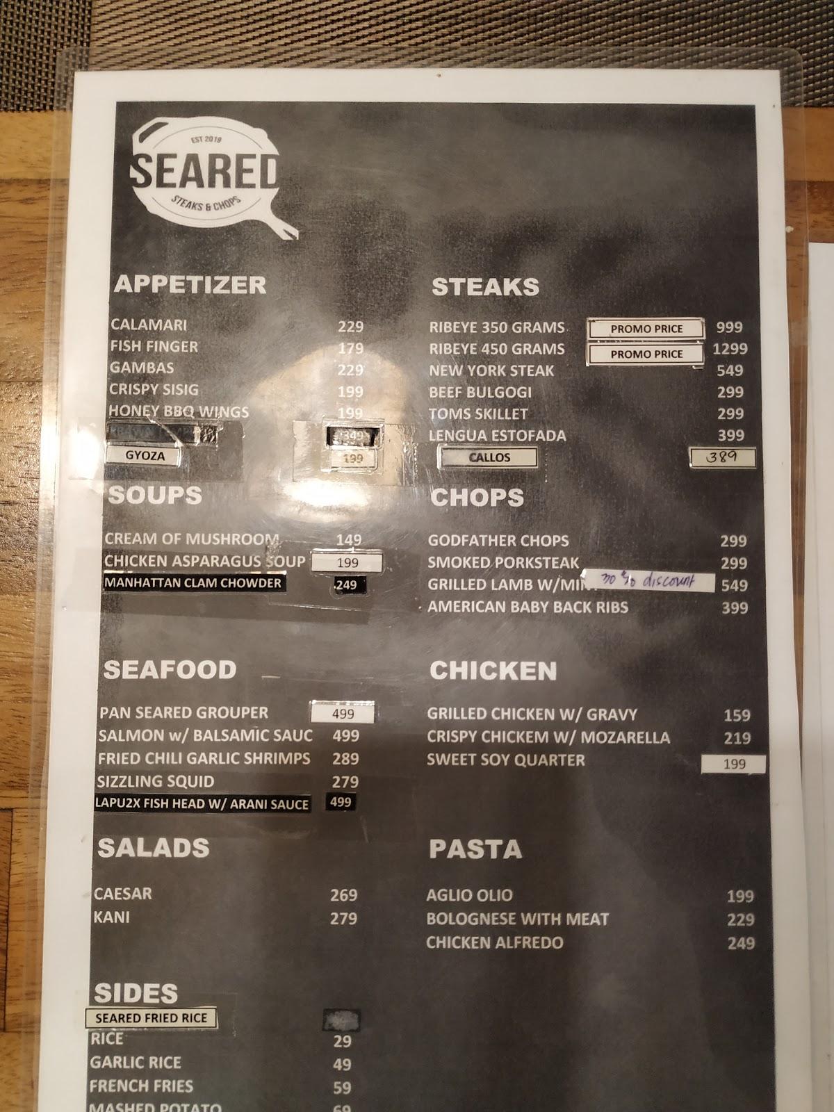 Menu at Seared Steaks and Chops restaurant, Cebu City
