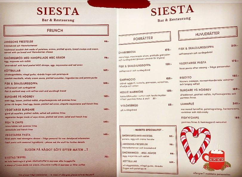 Menu at Siesta pub & bar, Malmö