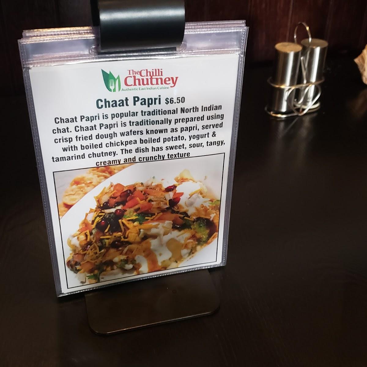 Menu au Chilli Chutney restaurant, Brandon, Canada