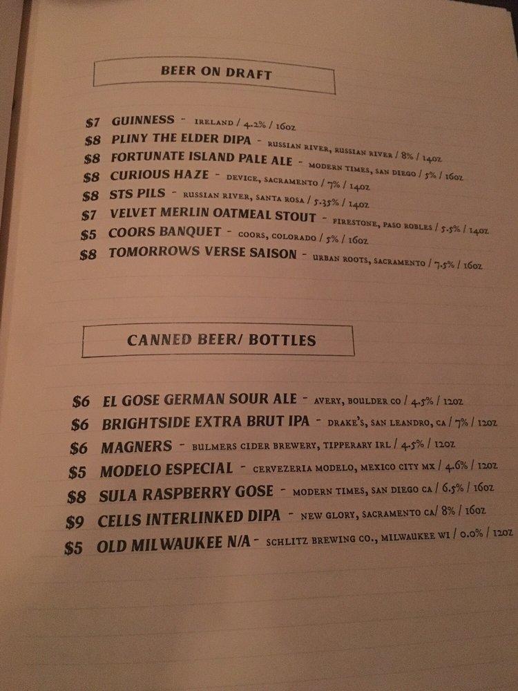 Carta del pub y bar The Snug, Sacramento