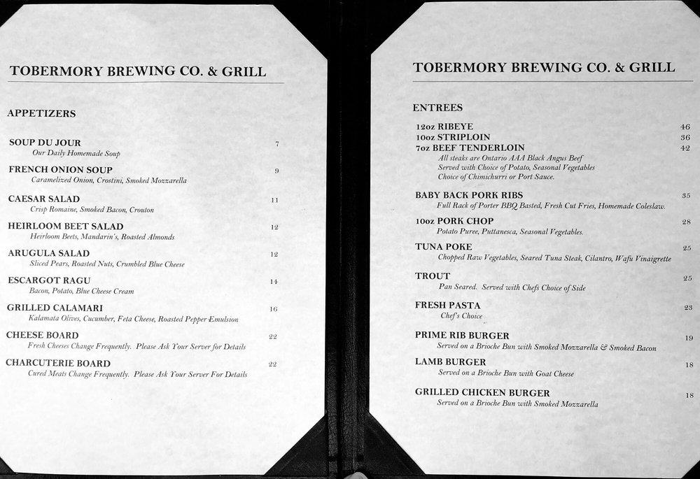 Menu at Tobermory Brewing Company & Grill pub & bar, Tobermory