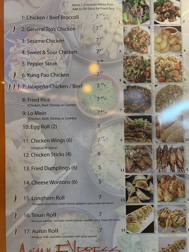 Menu at Asian express restaurant, Austin