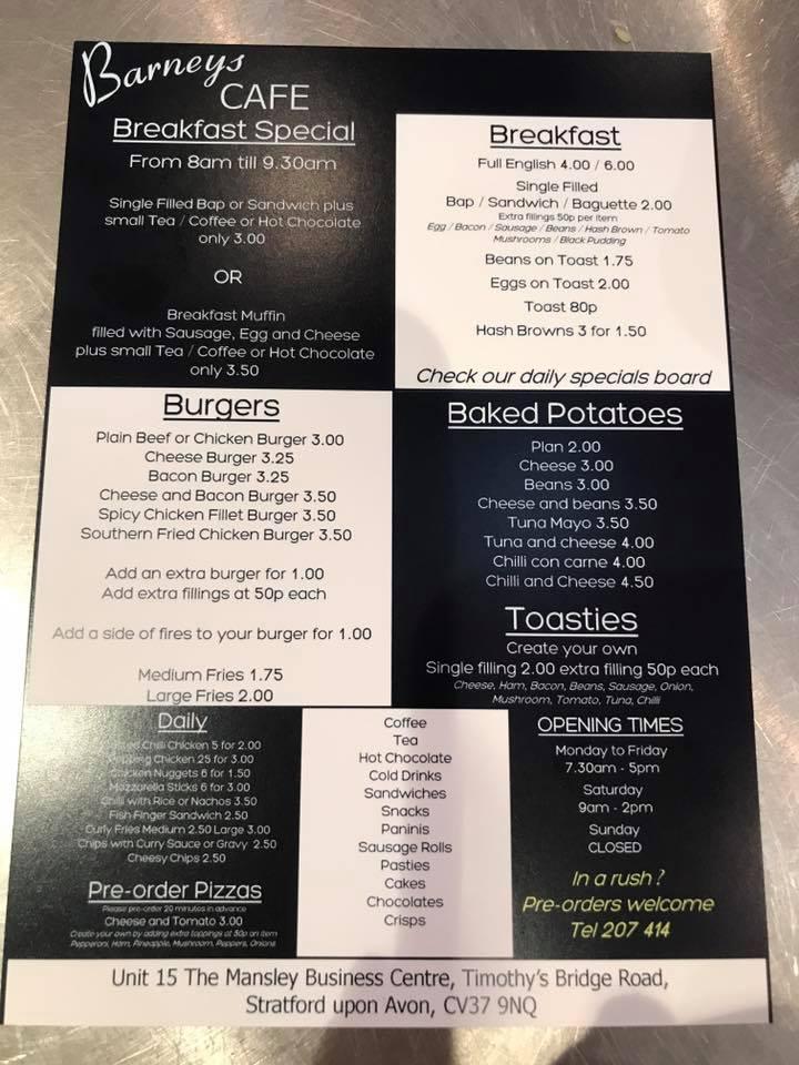 Menu at Barney's Cafe, Stratford-upon-Avon