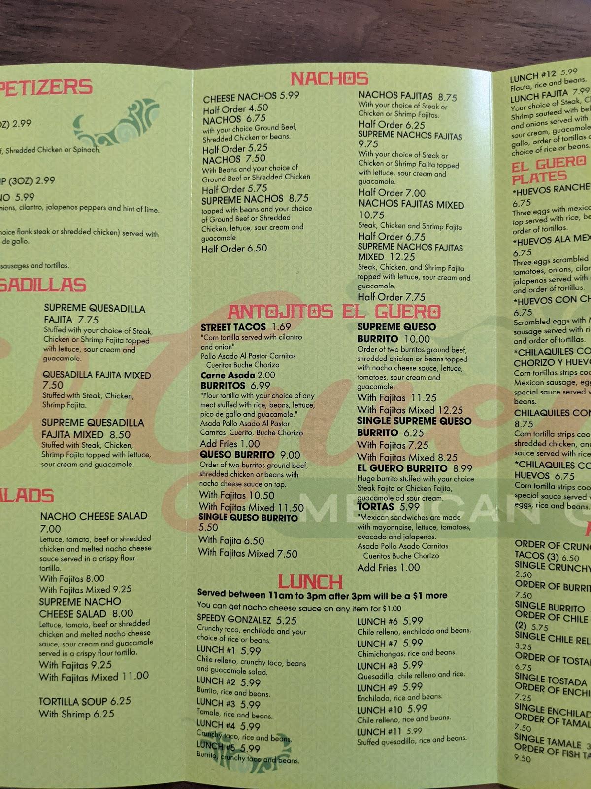 Menu at El Guero Mexican Grill restaurant, Lilburn