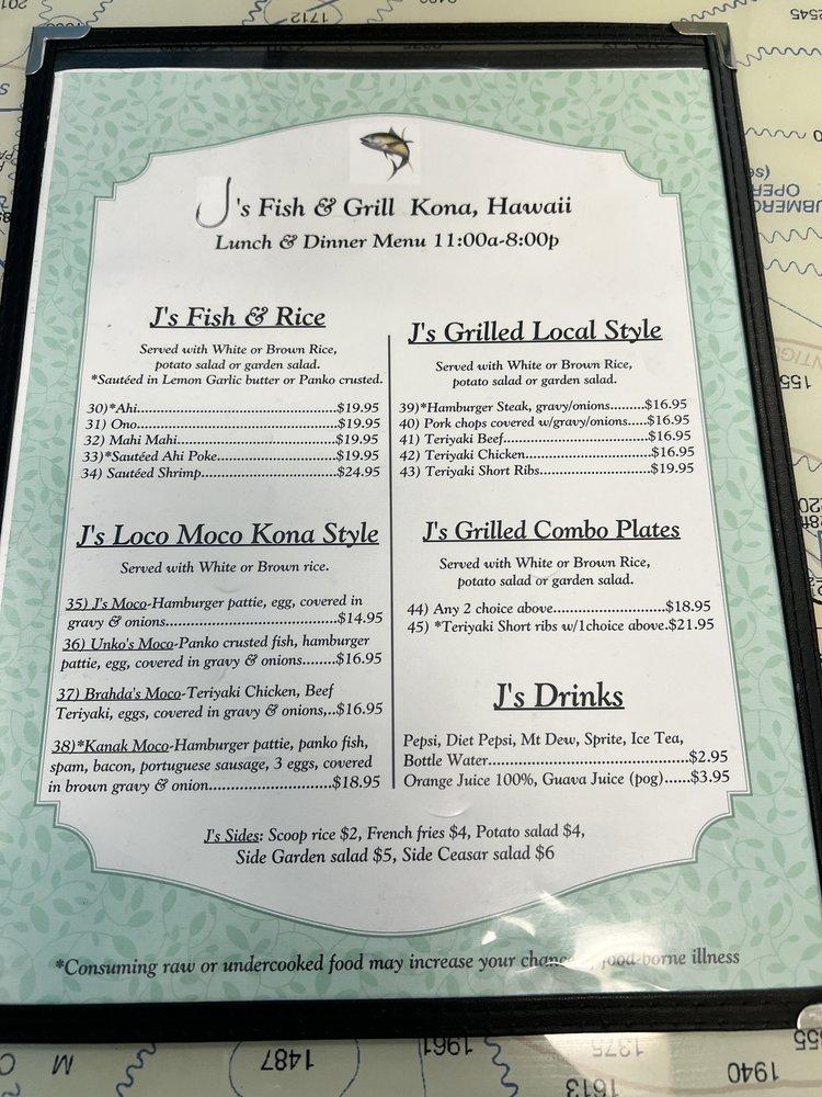 Menu at J's Fish & Grill Kona,Hawaii restaurant, Kailua-Kona