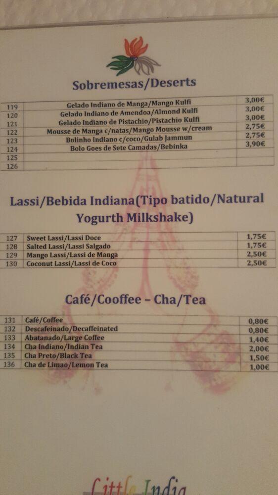 Menu at Little India restaurant, Nazaré