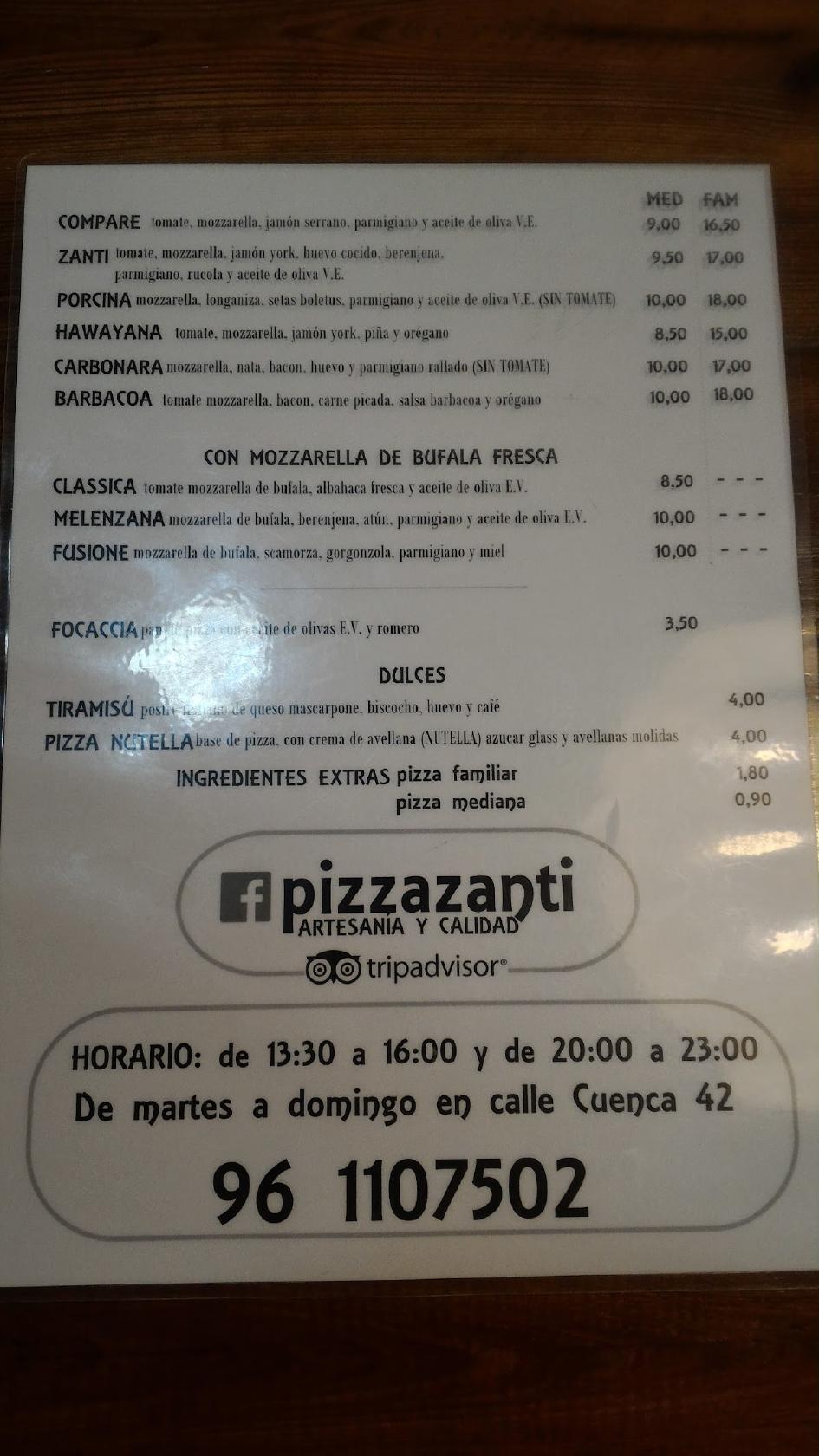 Carta de pizzería Pizza Zanti, Valencia, C/ de Conca