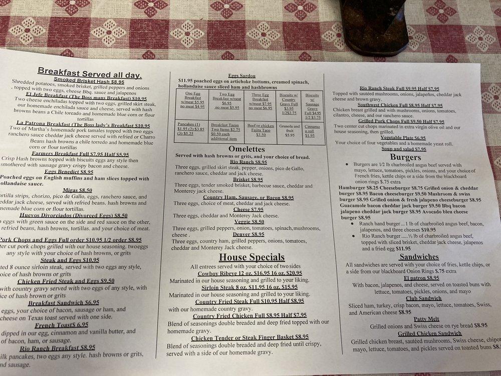 Menu at Rio Ranch Cafe, Kerrville