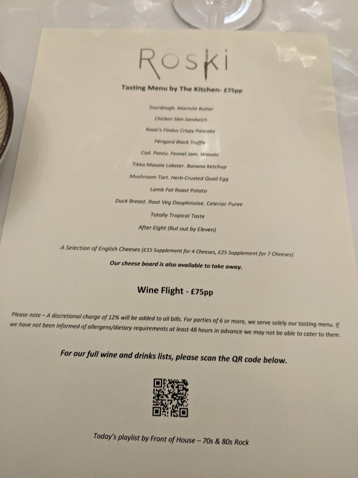 Menu at Roski Restaurant, Liverpool