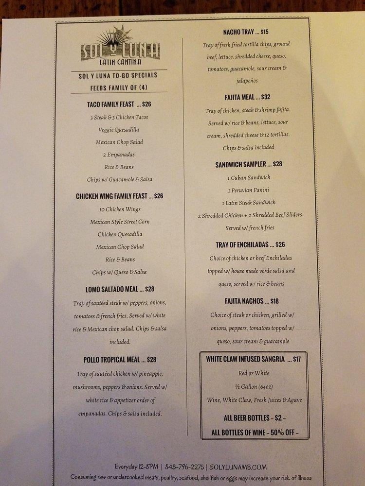 Menu at Sol y Luna pub & bar, Myrtle Beach