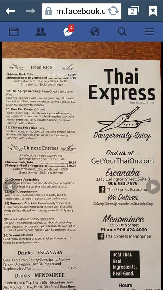 Menu at Thai Express restaurant, Menominee