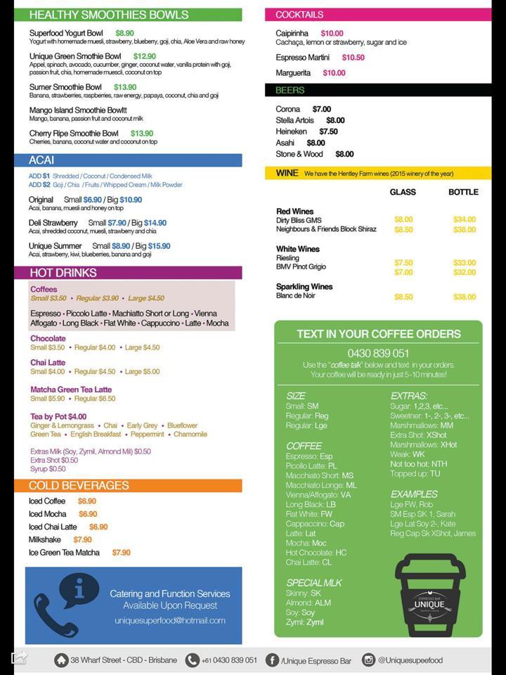 Menu at Unique Espresso Bar, Brisbane City