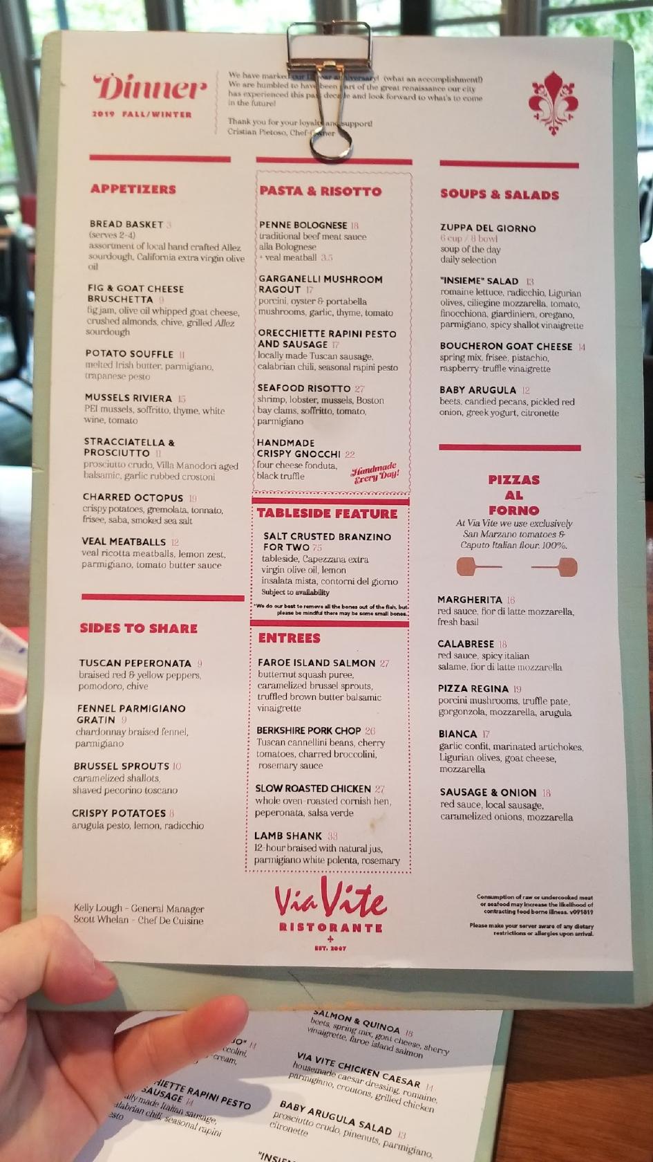Menu at Via Vite restaurant, Cincinnati